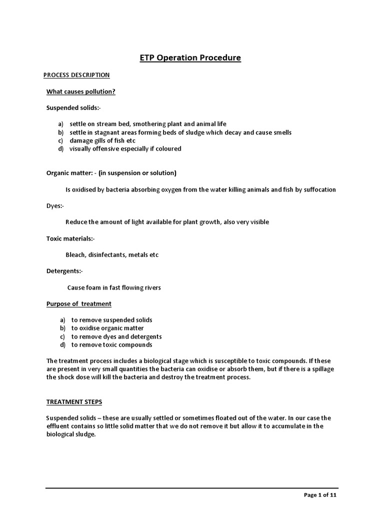 ETP Operation Procedure | PDF | Sewage Treatment | Water Pollution