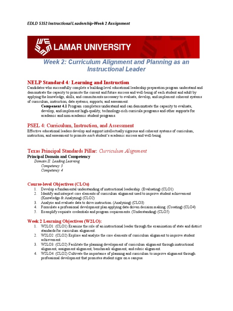EDLD 5352 Week 2 Curriculum Alignment and Planning As An Instructional Leader Assignment - Docx2 ...