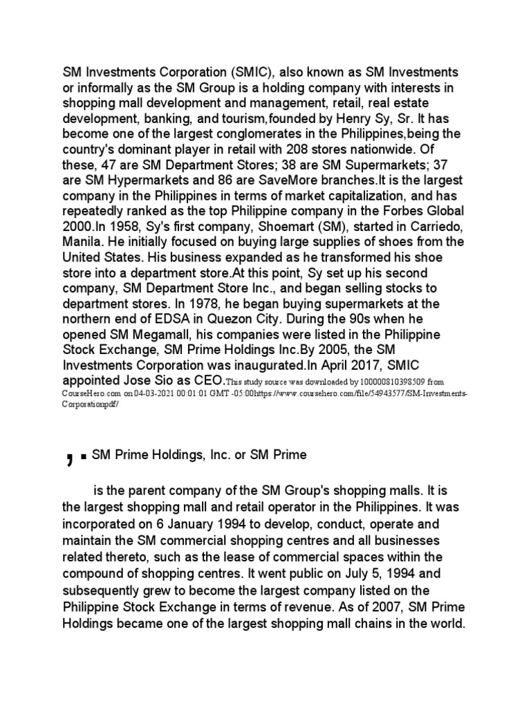 Overview of SM Investments Corporation | PDF | Business | Investing