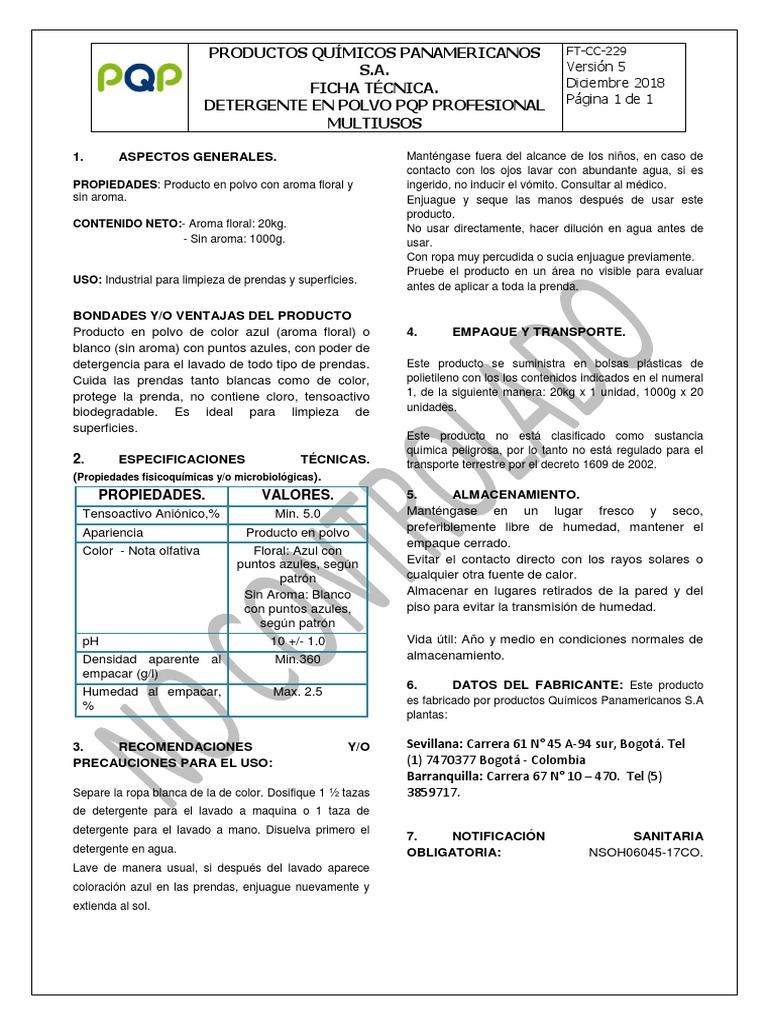 FT Detergente en Polvo PQP | PDF | Detergente | Tensioactivo