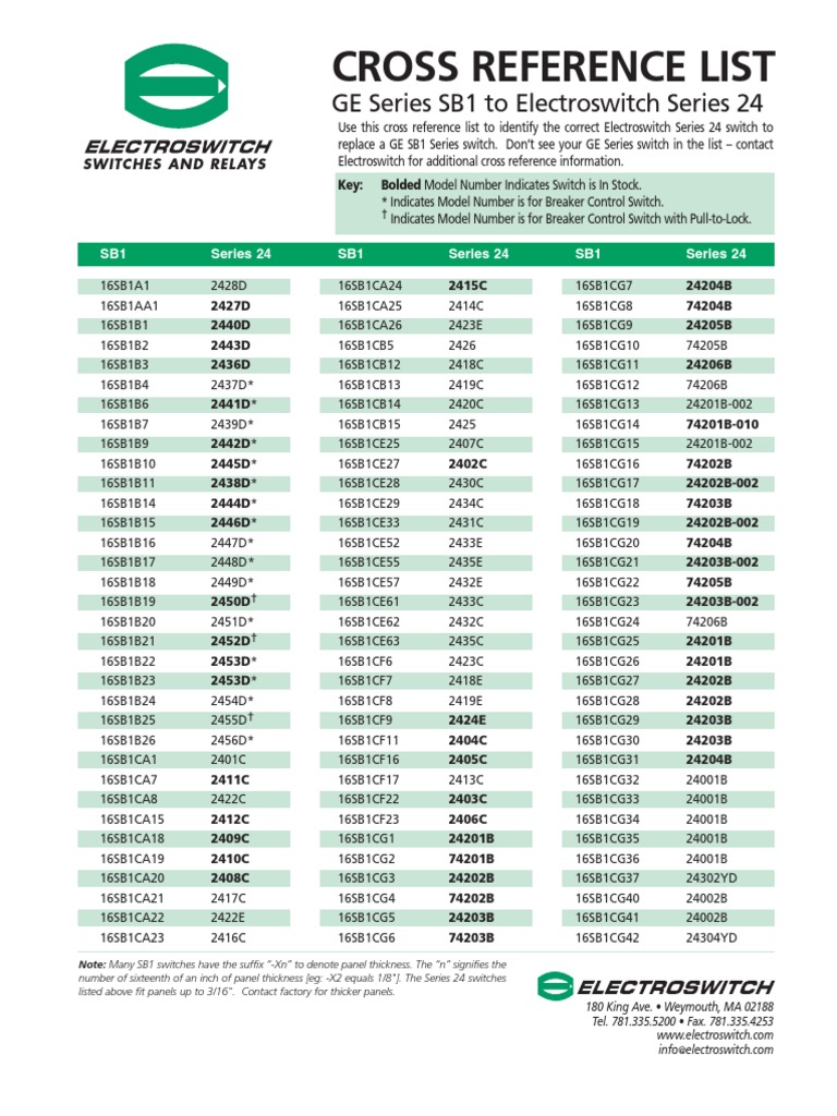 Cross Reference List: GE Series SB1 To Electroswitch Series 24 | PDF | Switch | Machines