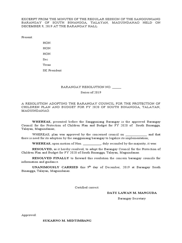 Barangay Reso. Adopting BCPC Plan and Budget | PDF