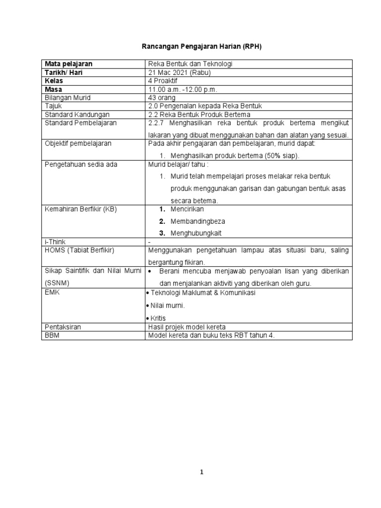RPH RBT Tahun 4 Unit 2 | PDF