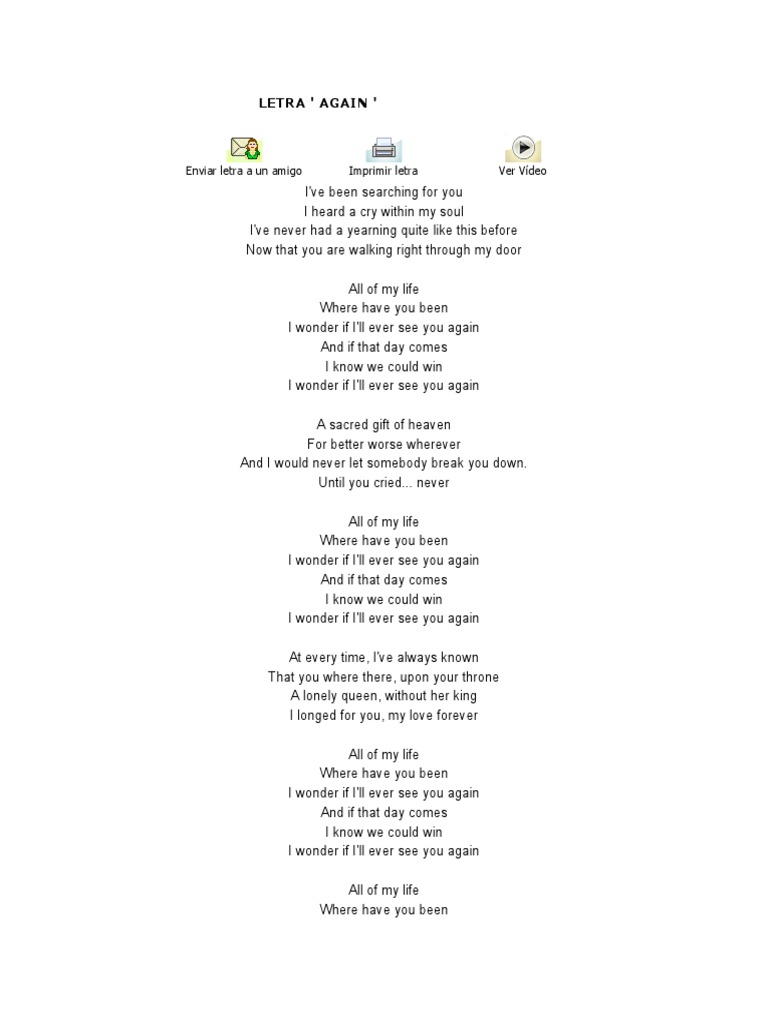 Letra ' Again ': Enviar Letra A Un Amigo Imprimir Letra Ver Vídeo | PDF ...
