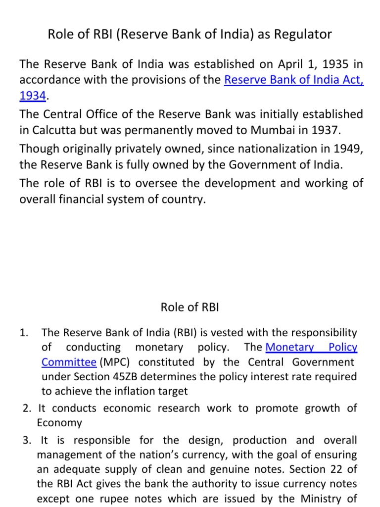 RBI's Regulatory Role in Banking System | PDF | Reserve Bank Of India ...