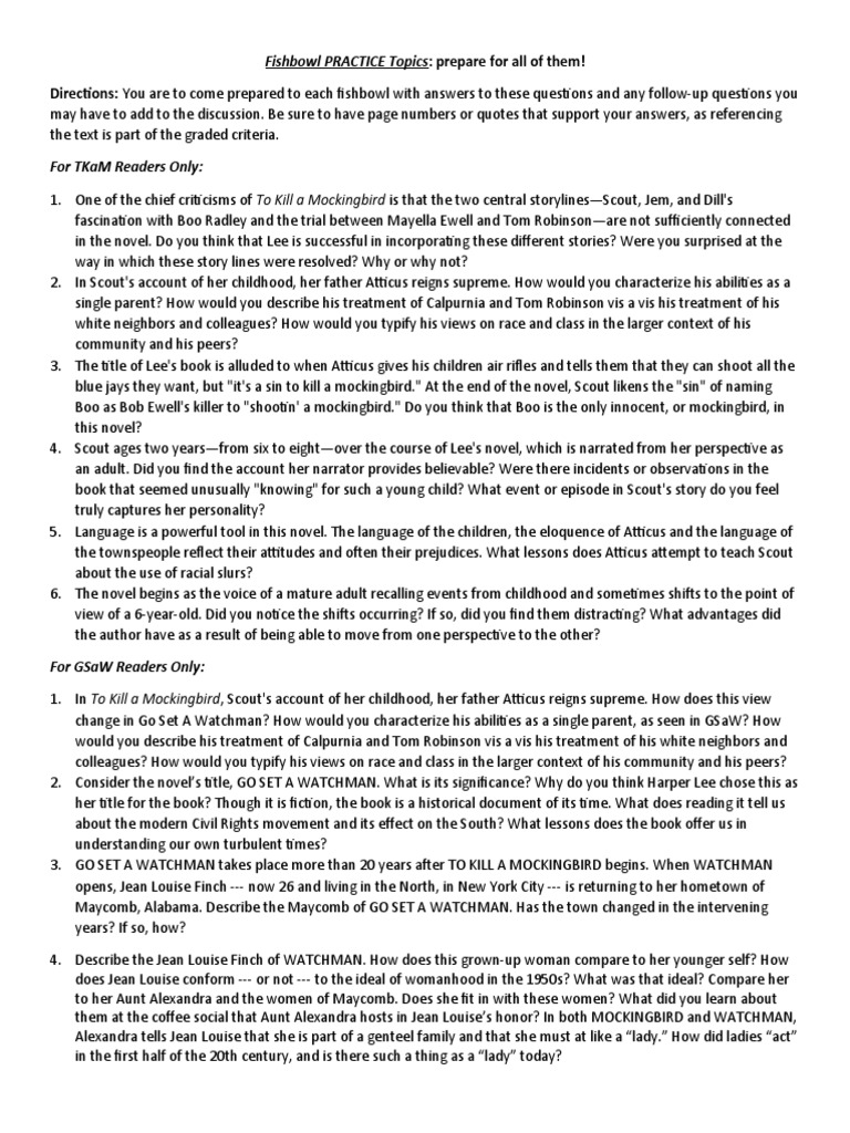 Fishbowl Discussion Questions For To Kill A Mockingbird and Go Set A ...