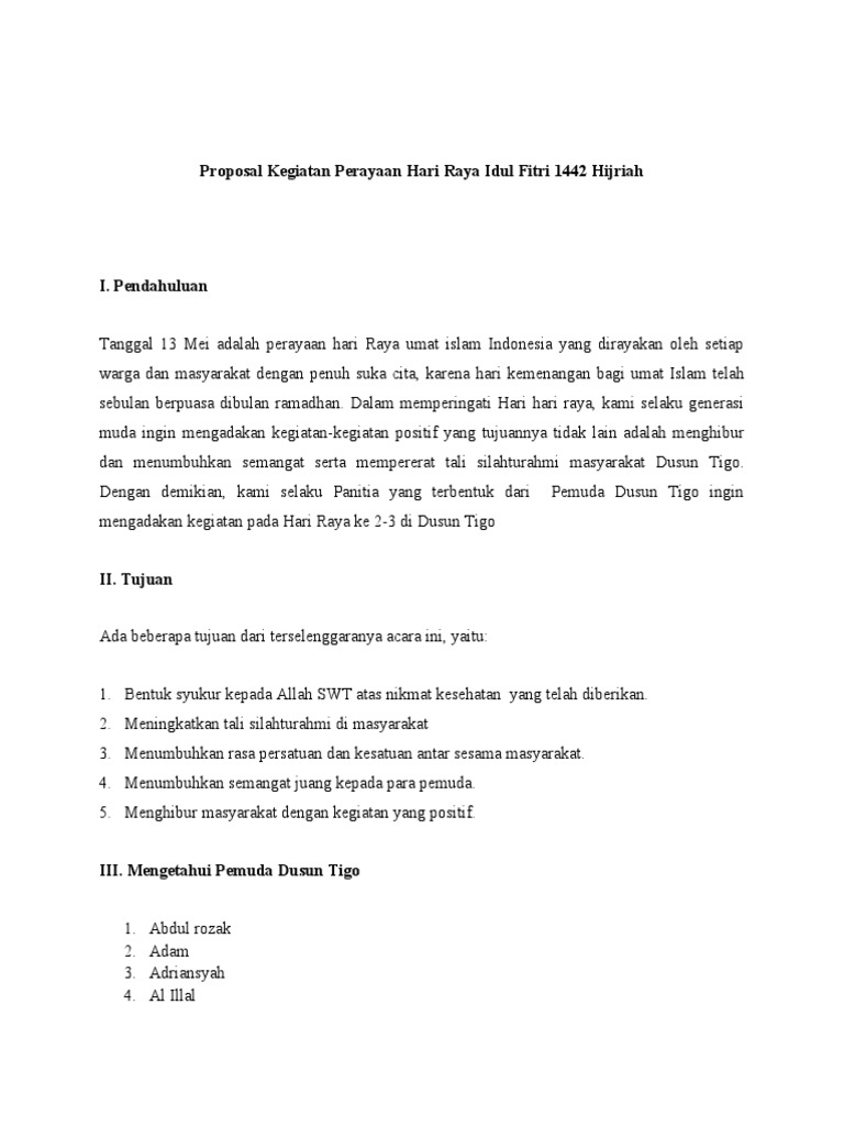 Proposal Kegiatan Perayaan Hari Raya Idul Fitri 1442 Hijriah | PDF