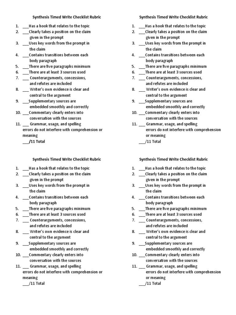 Synthesis Timed Write Checklist Rubric | PDF | Cognitive Science ...