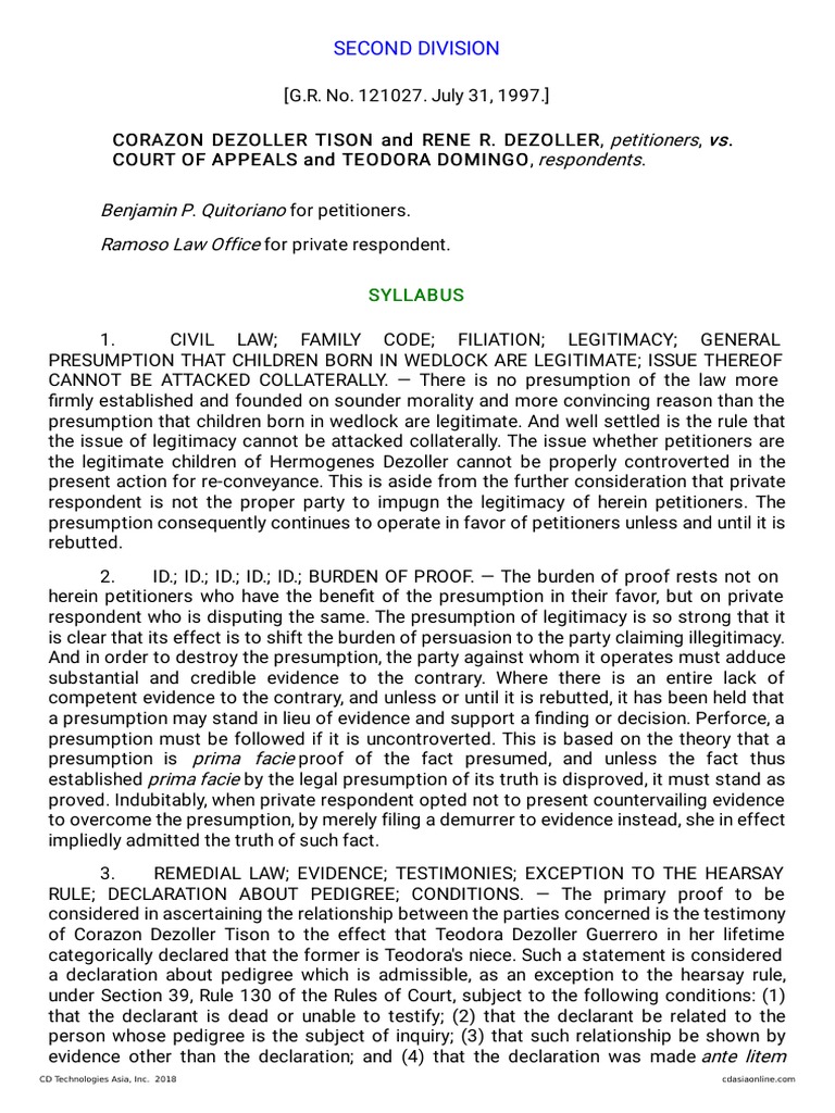 Tison v. CA, 276 SCRA 582 (1997) | PDF | Evidence (Law) | Legitimacy ...