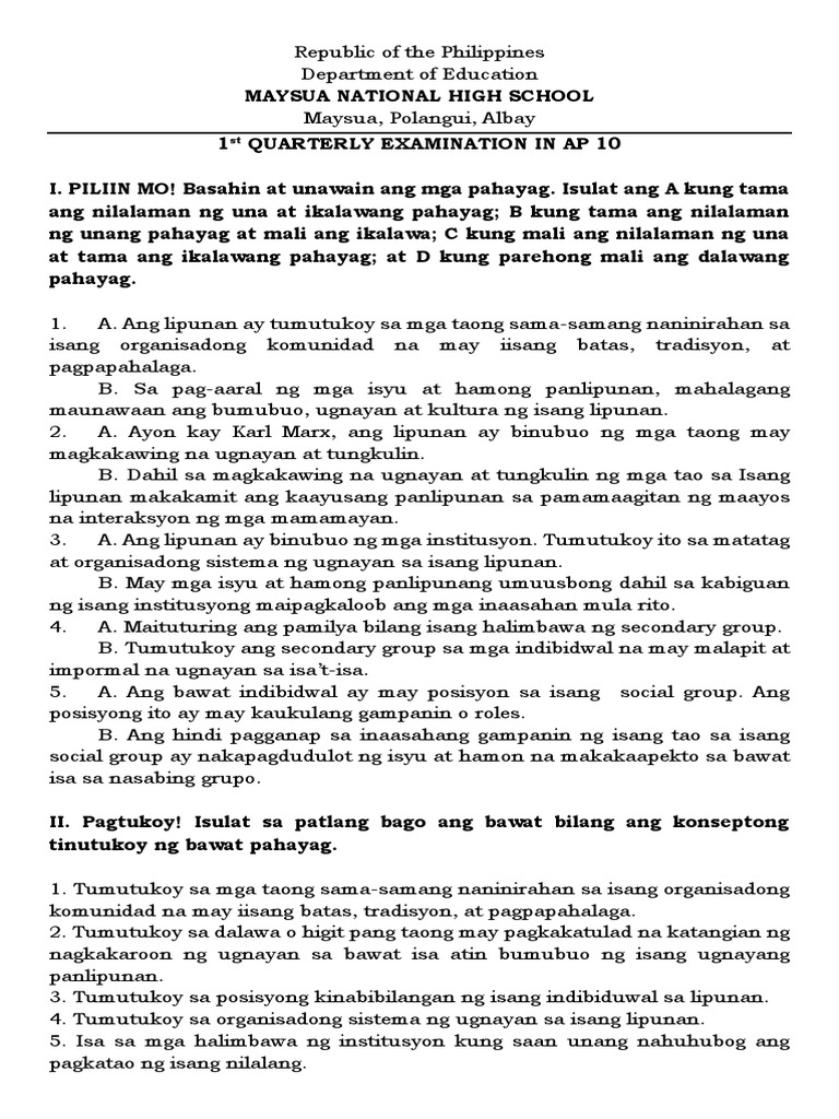 AP10 1st Quarterly Exam | PDF