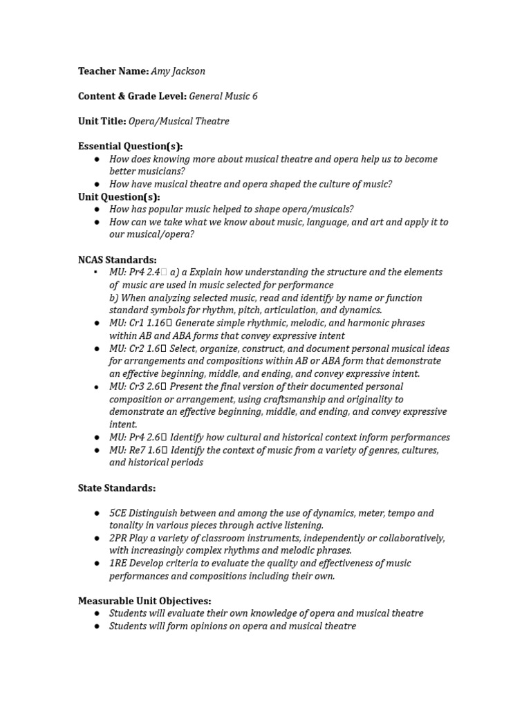 Opera and Musical Theatre Unit Plan | PDF | Opera | Rhythm
