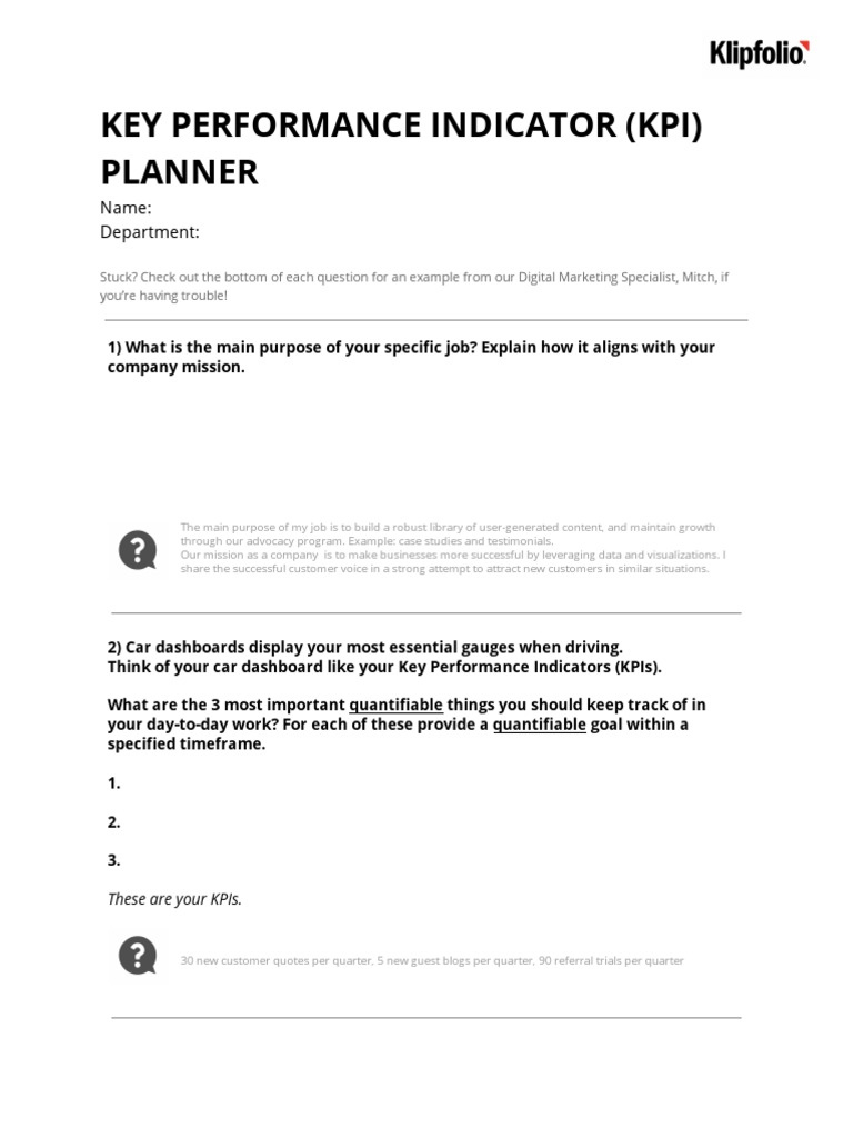 Key Performance Indicator (Kpi) Planner: Name: Department | PDF ...