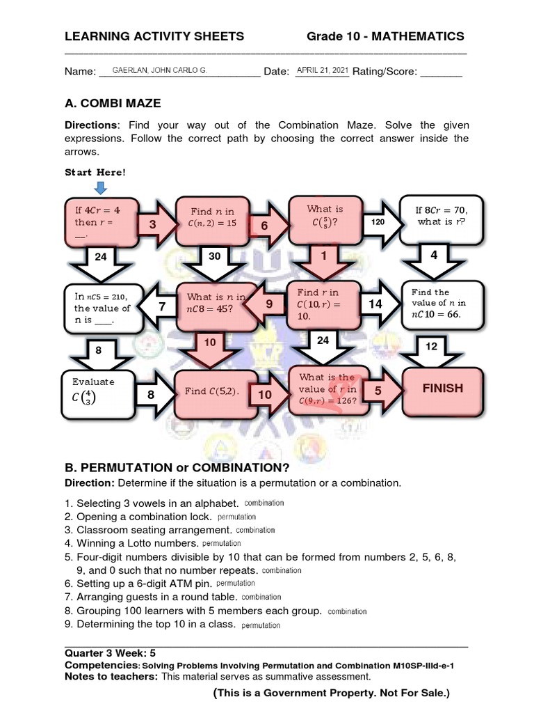 Learning Activity Sheets Grade 10 - Mathematics | PDF | Permutation ...
