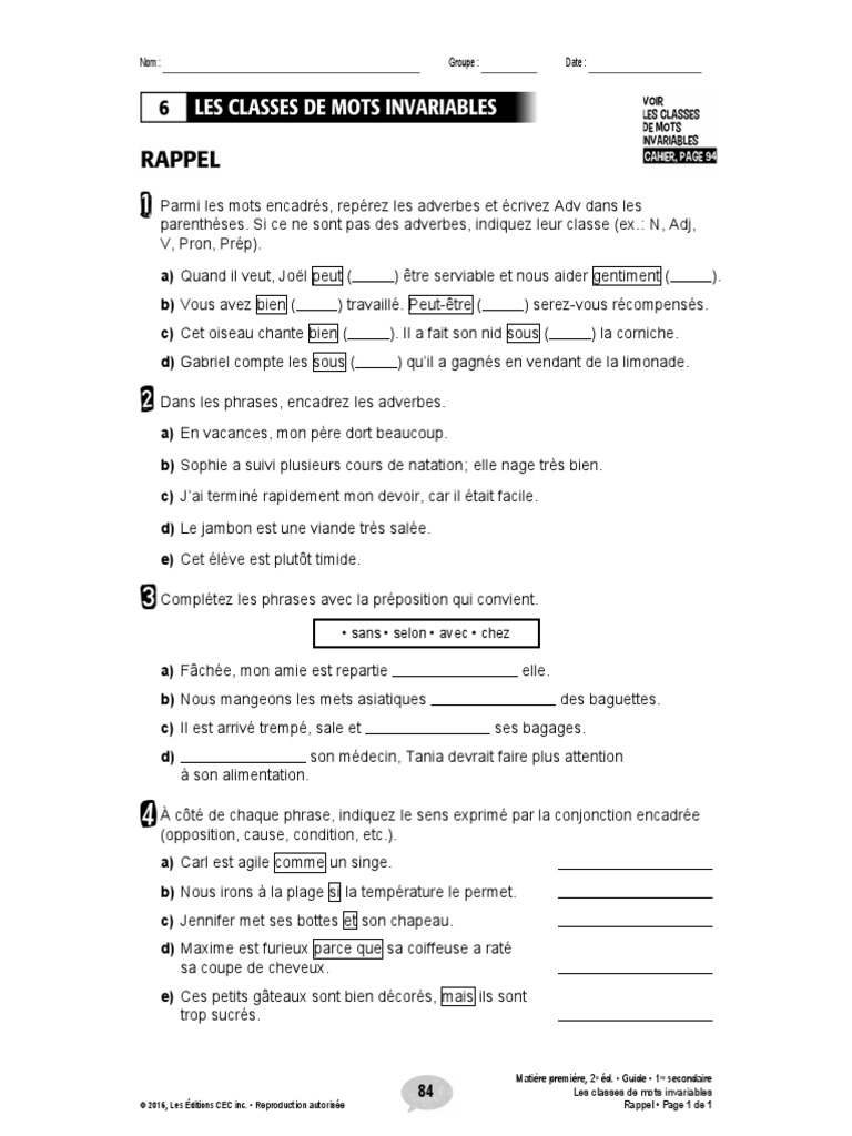 MP1 Classes - Mots Invariables | PDF | Adposition | Syntaxe