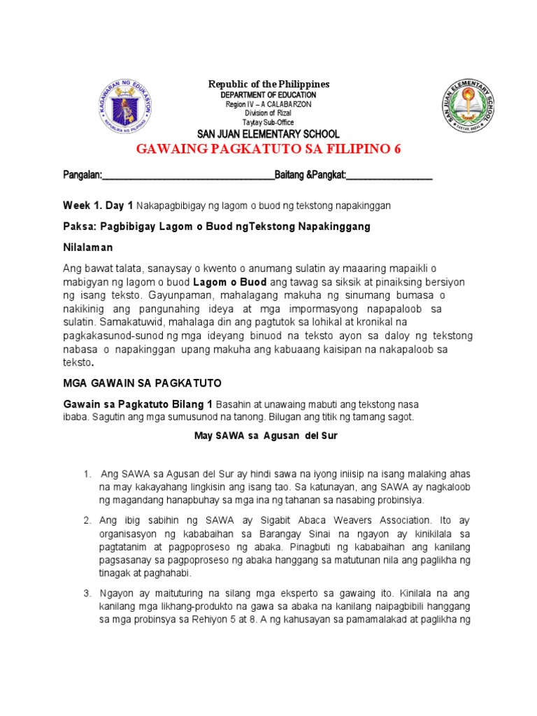 LAS in Filipino 6 3rd Quarter | PDF