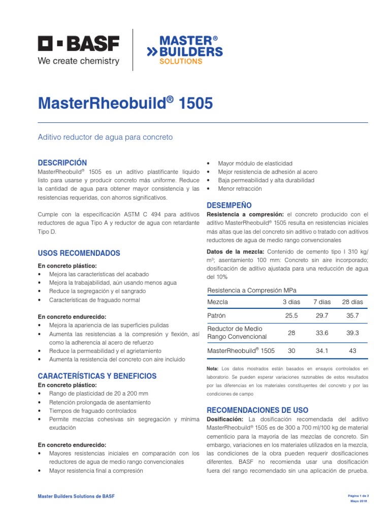 BASF MasterRheobuild 1505 - Ficha Técnica | PDF | Hormigón | Materiales