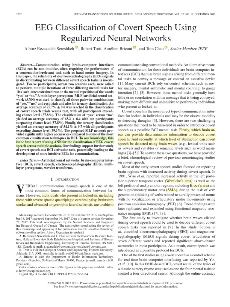 EEG Classification of Covert Speech Using | PDF | Support Vector Machine | Statistical ...