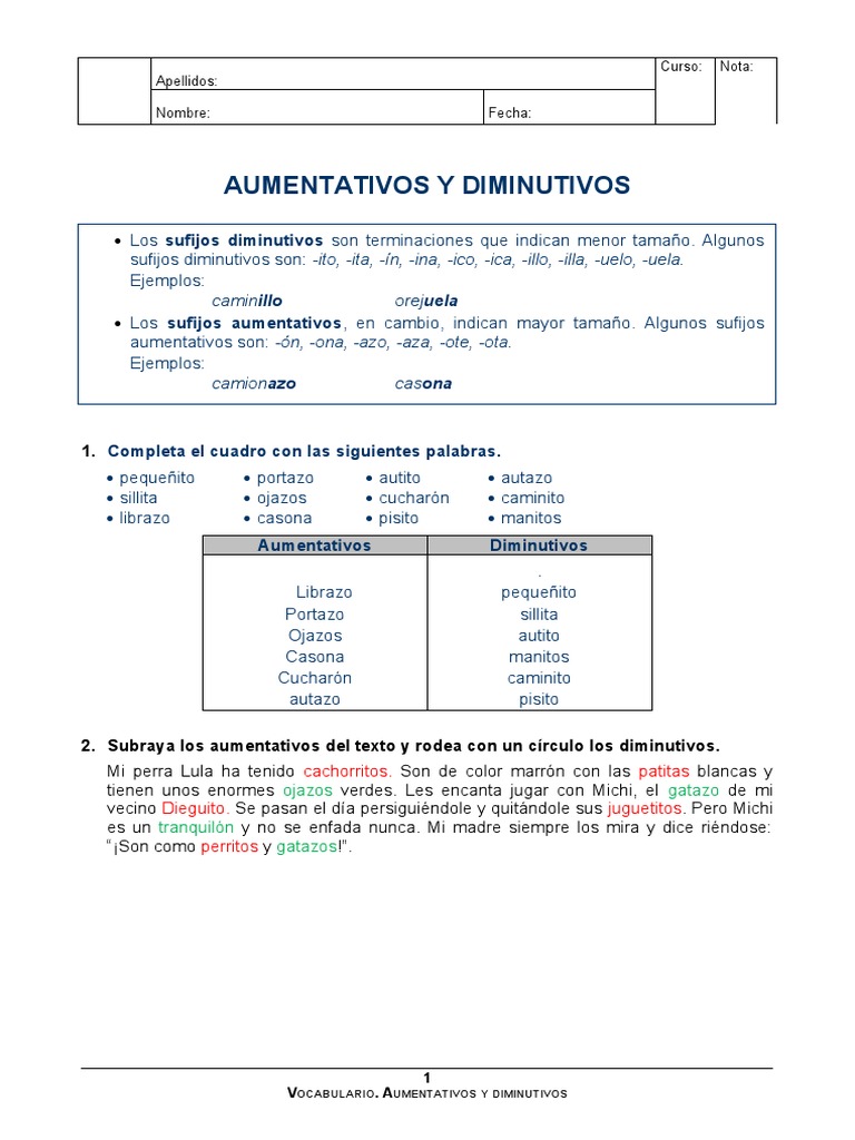 Aumentativos y Diminutivos | PDF | Artes del Lenguaje y Comunicación
