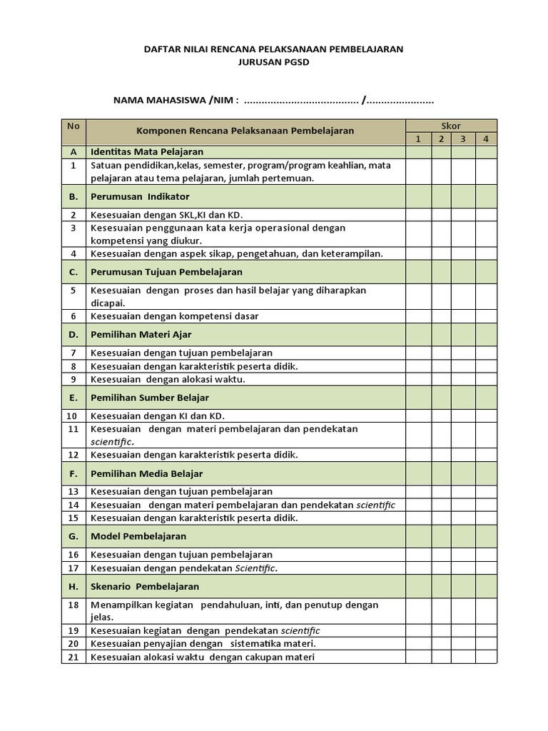 Form Penilaian Rencana Pelaksanaan Pembelajaran (RPP) | PDF