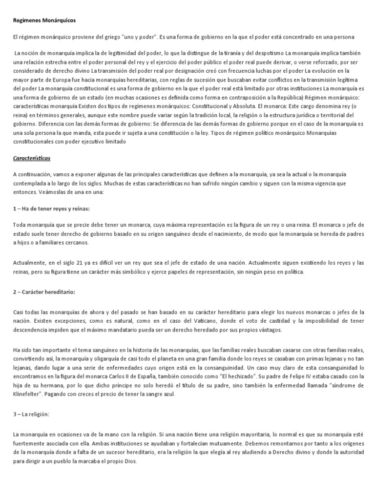 Características del Régimen Monárquico | PDF | Monarquía | Monarca