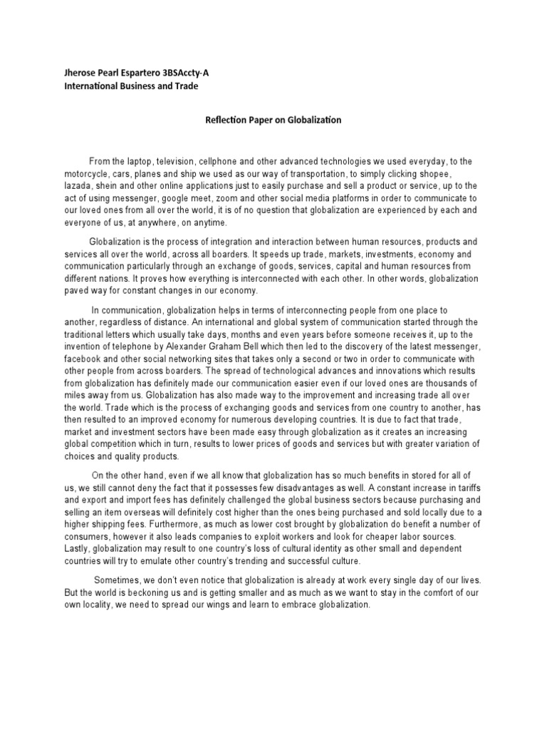Chapter 1 Reflection Paper (Espartero) | PDF | Globalization | Trade