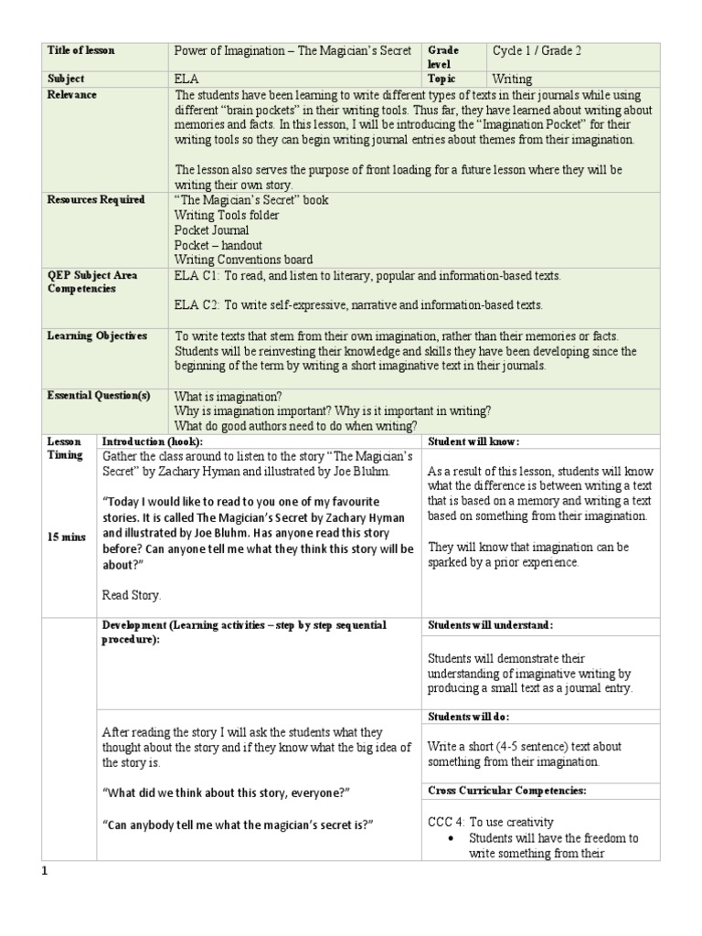 Andrew Letts Lesson Plan Magicians Secret | PDF | Imagination ...