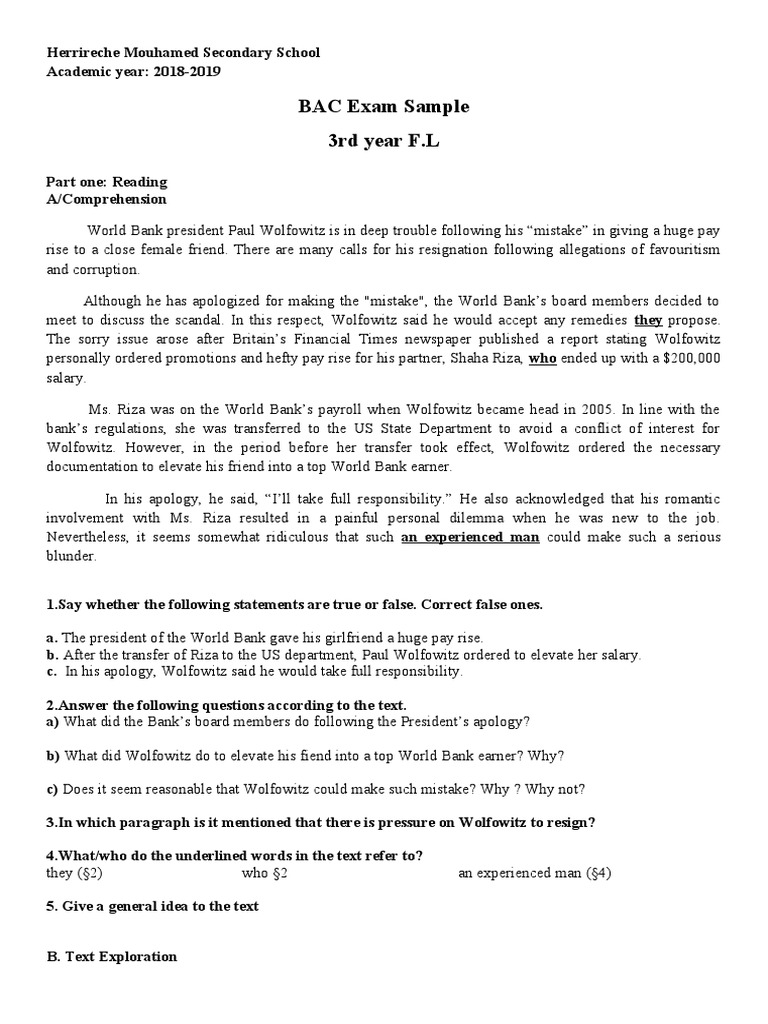 BAC Exam Sample 3rd Year F.L | PDF | Paul Wolfowitz | Grammar