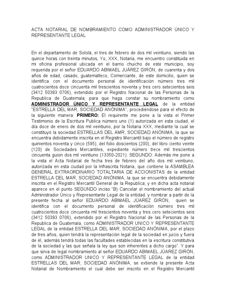 Acta Notarial de Nombramiento Como Administrador Único y Representante ...