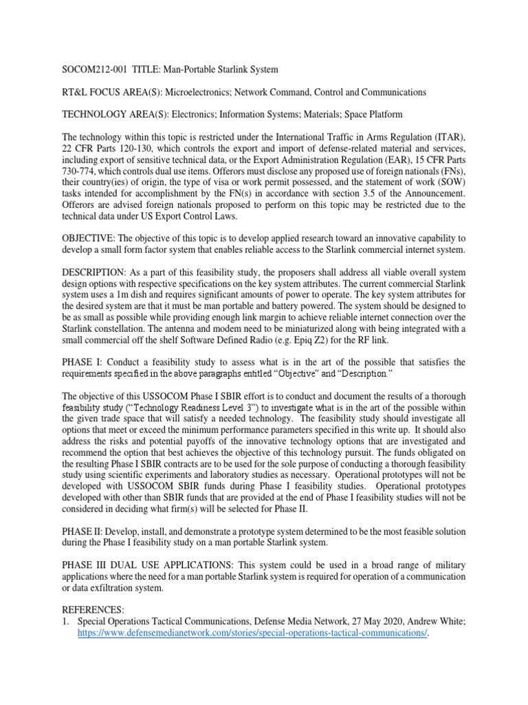 Portable Starlink SBIR US DoD SOCOM | PDF | Feasibility Study ...