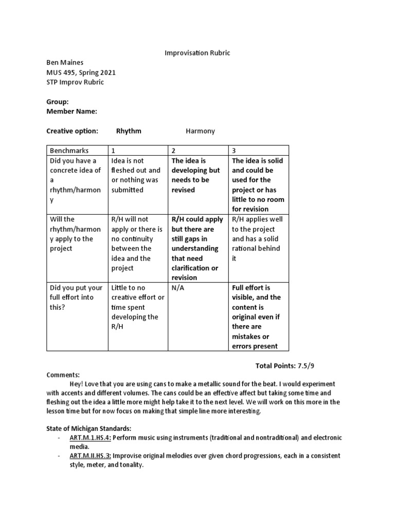 Improvisation Rubric l2 s2 | PDF | Classical Music | Musical Compositions