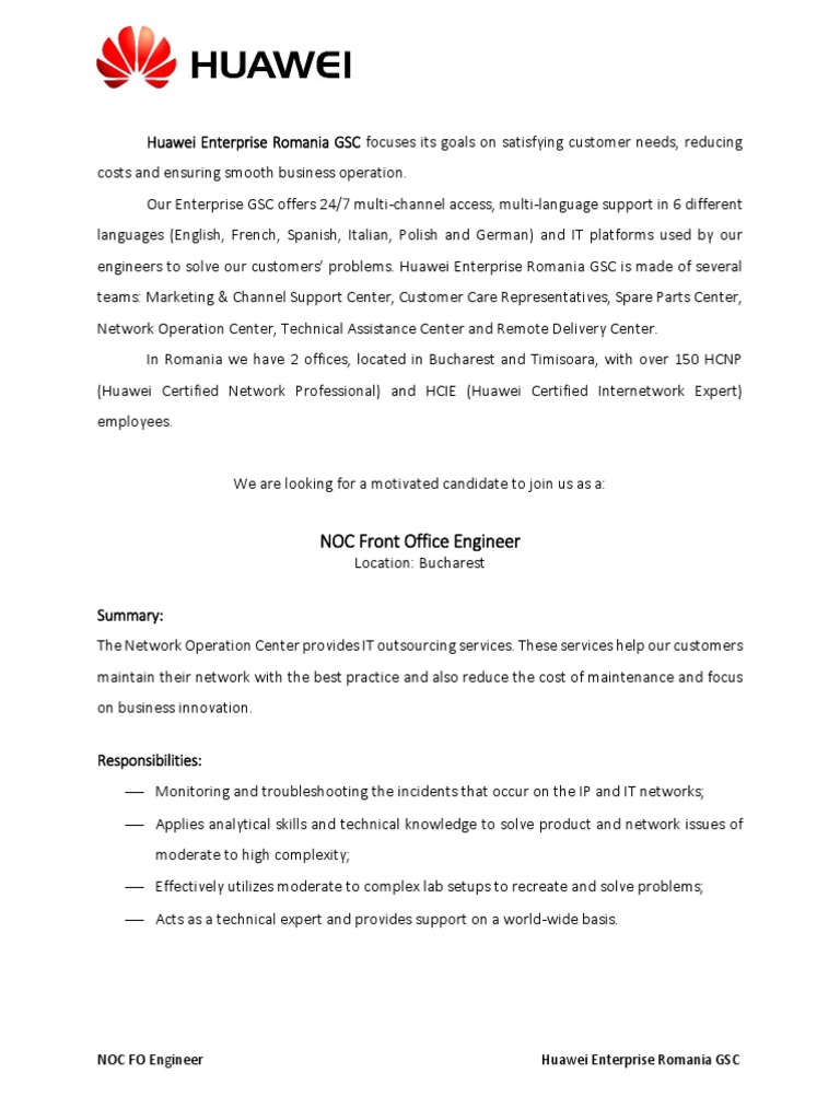 NOC Front Office Engineer Role at Huawei | PDF | Justice | Crime & Violence