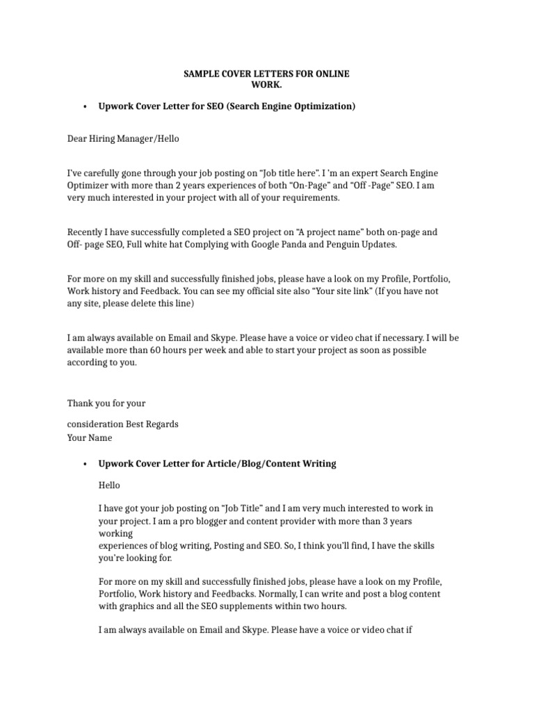 Sample Cover Letters For Online Work. - Upwork Cover Letter For SEO ...