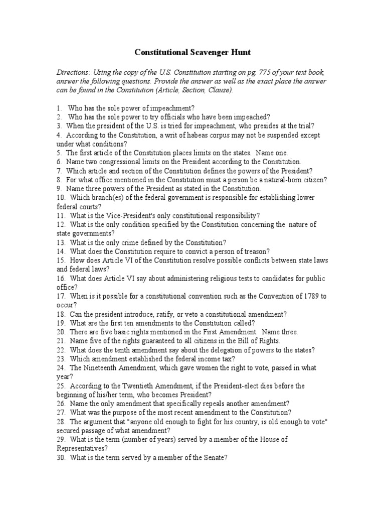 Constitutional Scavenger Hunt | PDF | Article One Of The United States ...