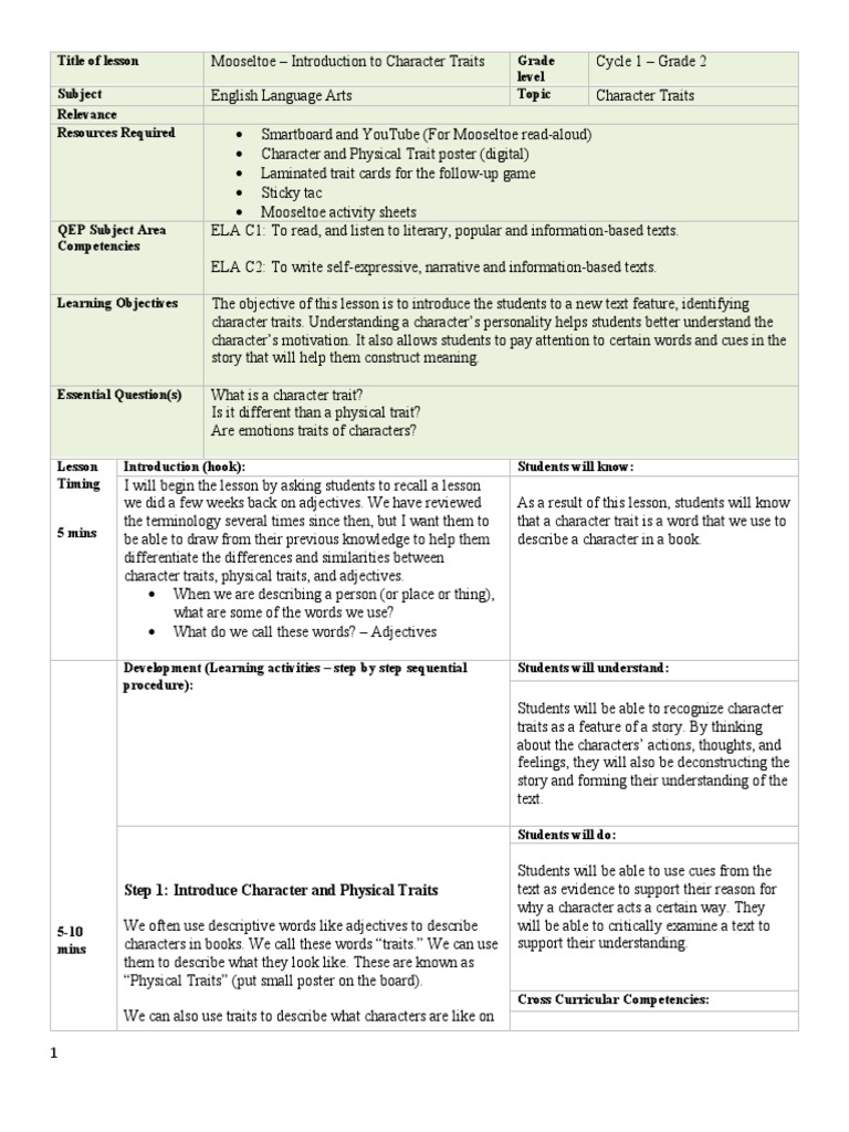 Mooseltoe - Character Traits Lesson | PDF | Reason | Classroom Management