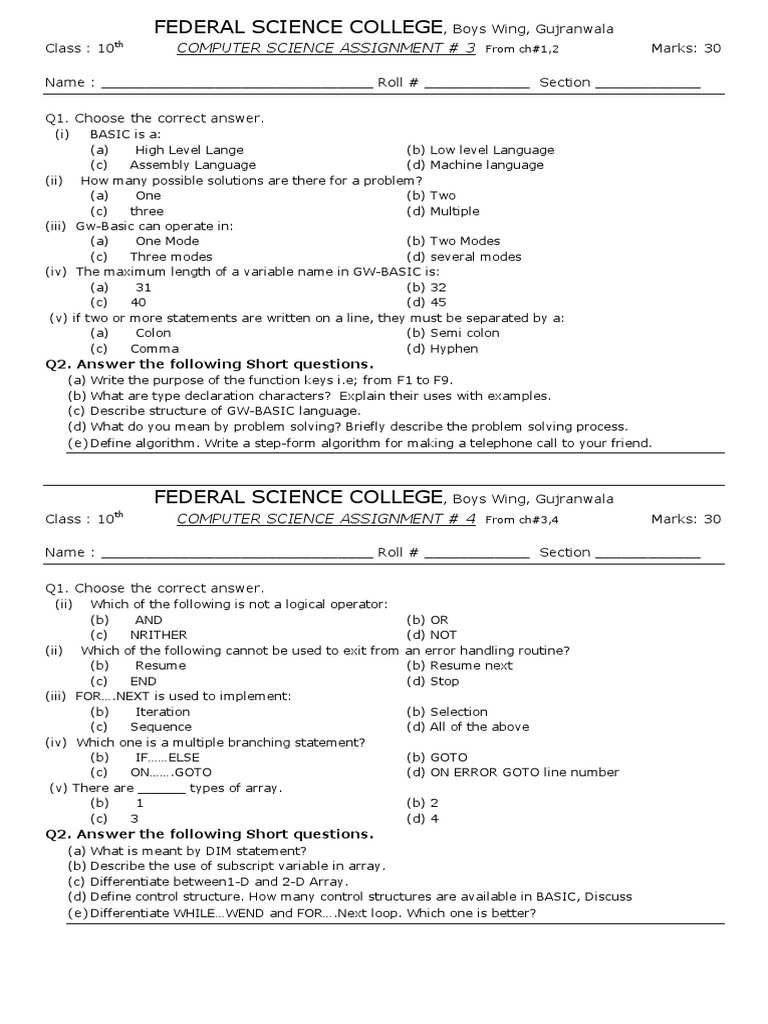 Federal Science College Computer Science Assignment | PDF | Control ...