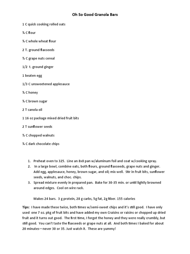 Grape Nut Granola Bar Recipe | PDF | Cooking, Food & Wine | Home & Garden