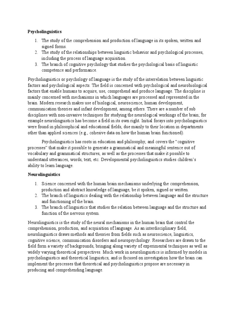 Difference Between Neurolinguistic and Psycholinguistics | PDF | Psycholinguistics ...