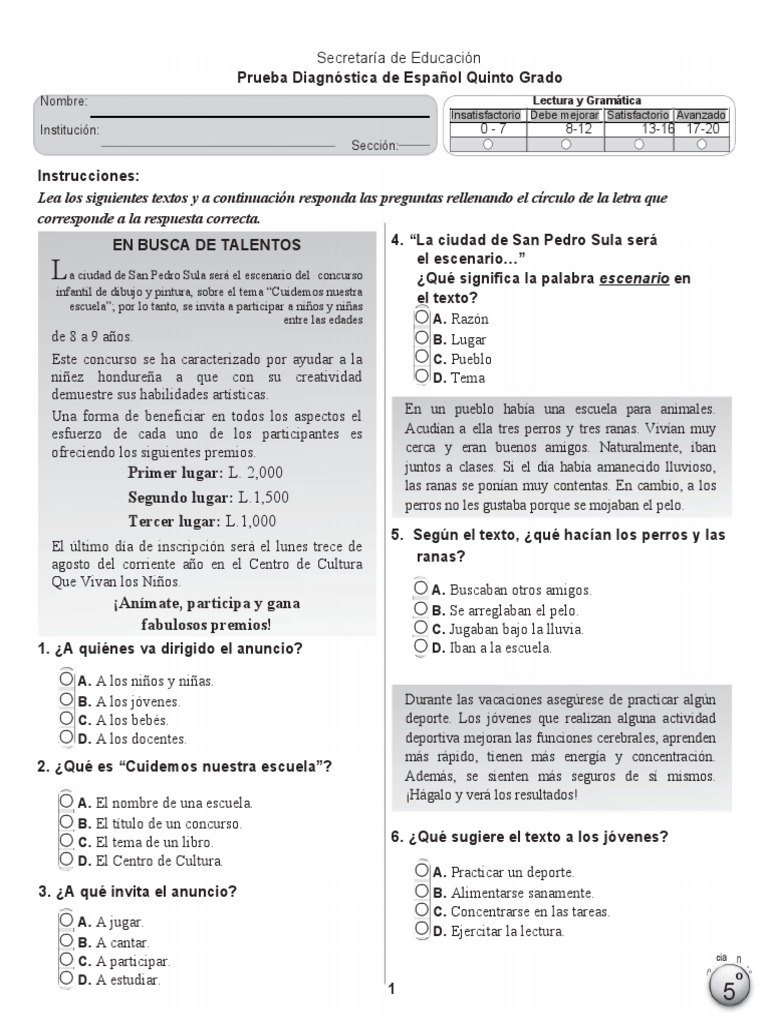Prueba Diagnóstica Español 5to Grado | PDF