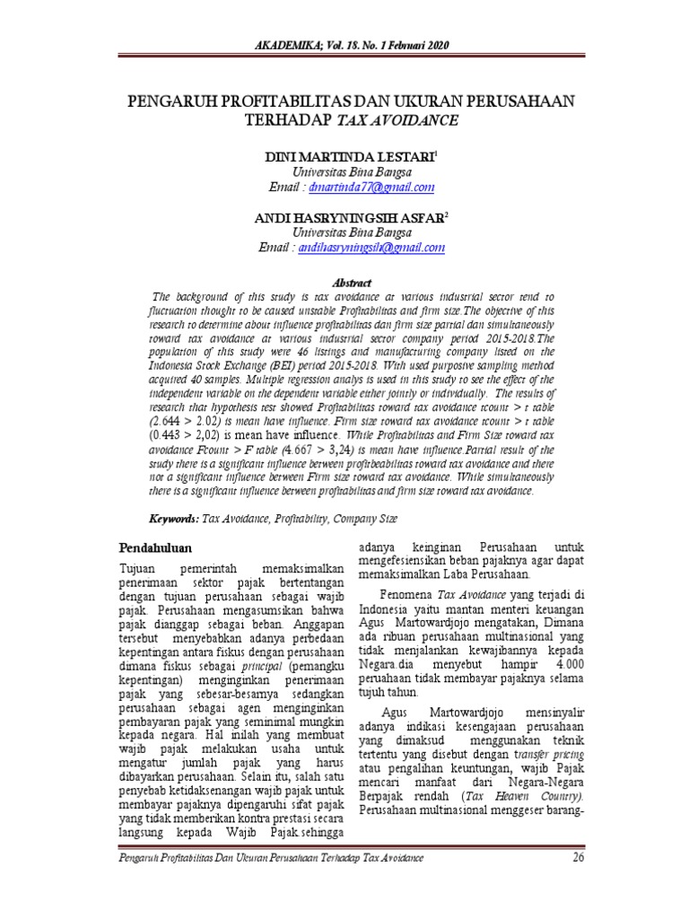 Pengaruh Profitabilitas Dan Ukuran Perusahaan Terhadap Tax Avoidance | PDF