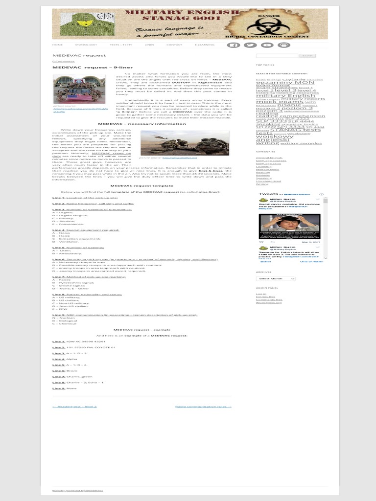 MEDEVAC Request, 9-Liner | PDF | Military | Armed Conflict