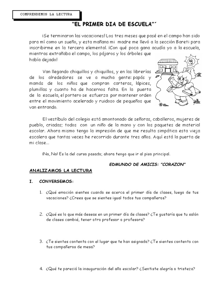 El Primer Dia de Escuela Plan Lector | PDF | Artes del Lenguaje y ...