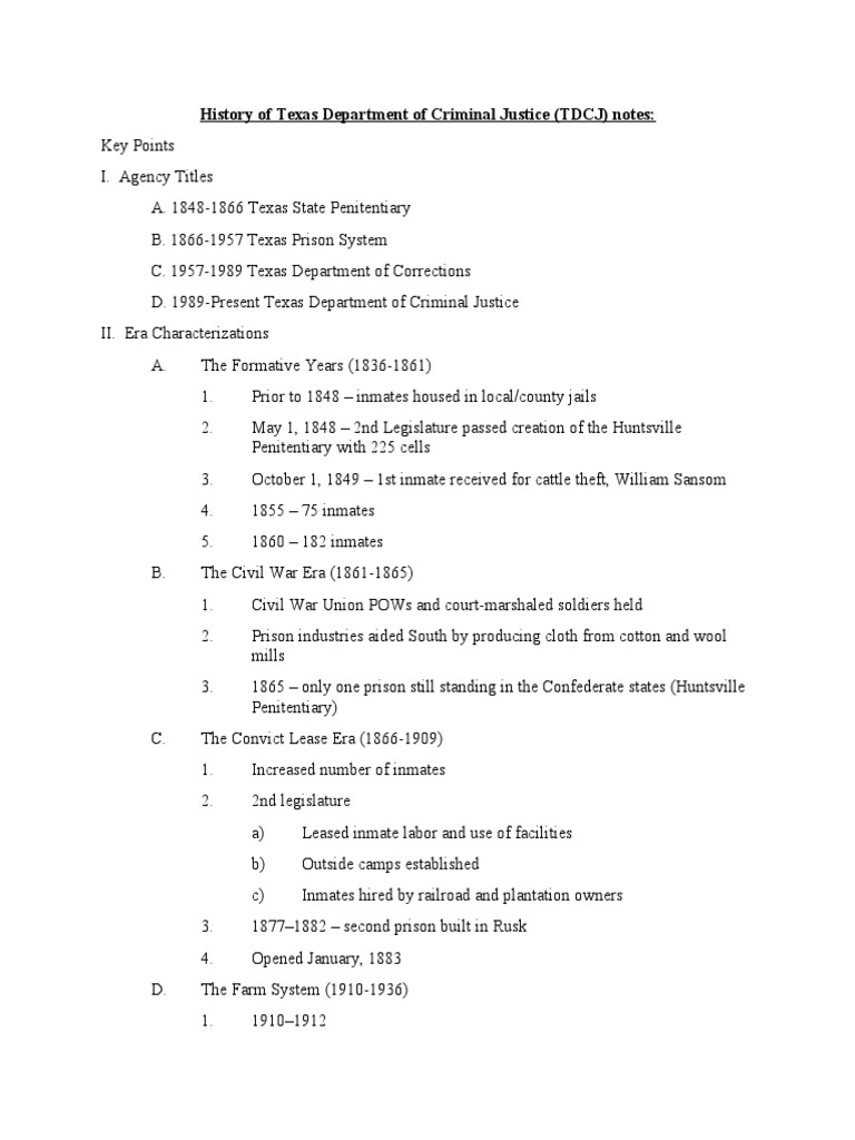 History of Texas Department of Criminal Justice (TDCJ) Notes | PDF
