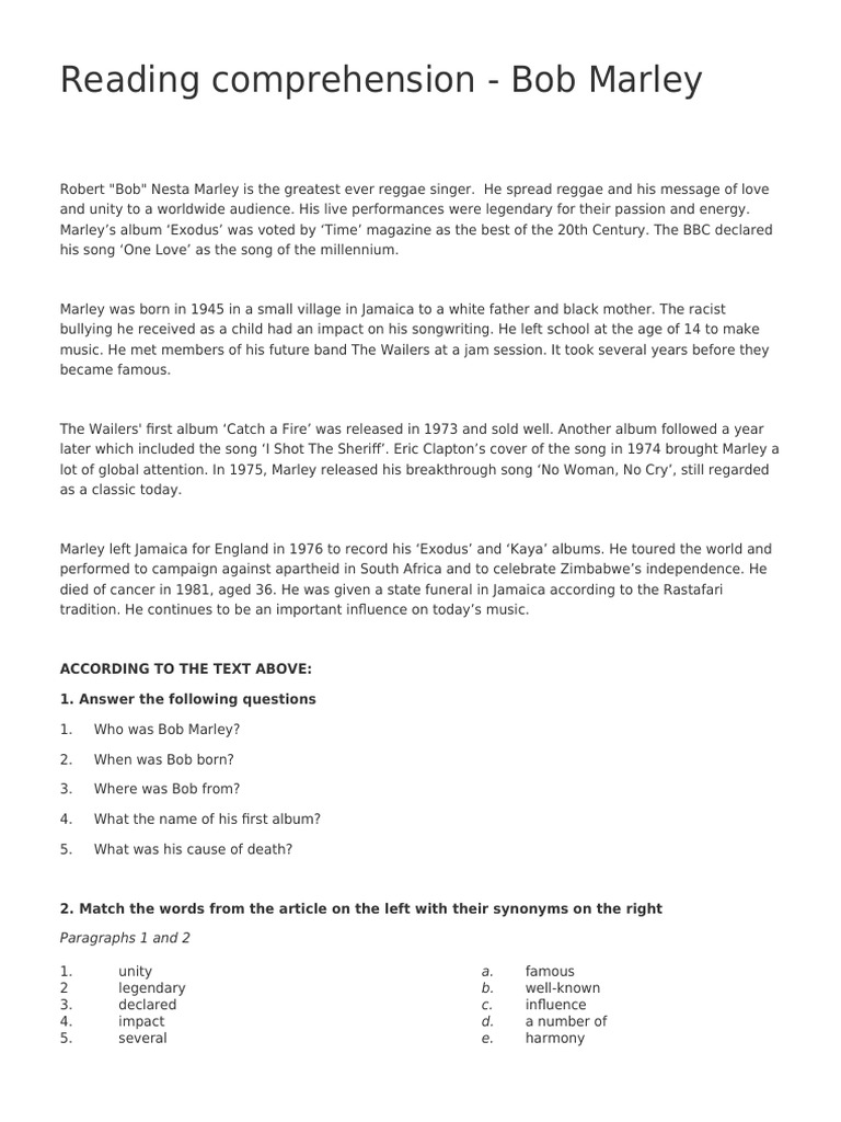 Reading Comprehension - Bob Marley: According To The Text Above: 1 ...