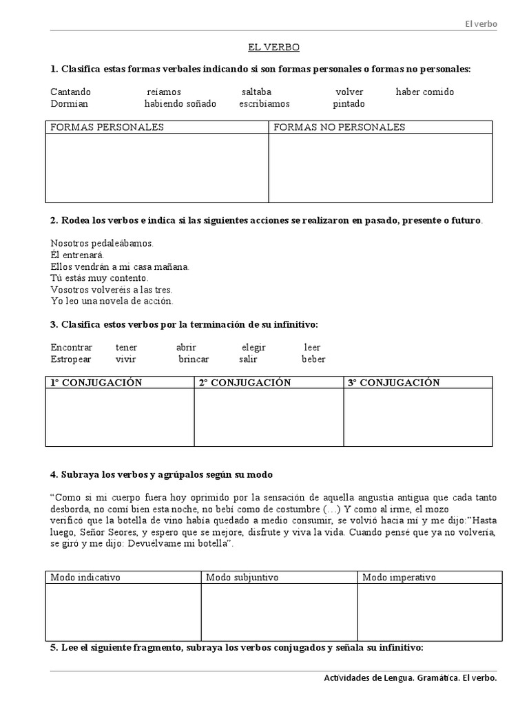 Actividades sobre el verbo en español | PDF