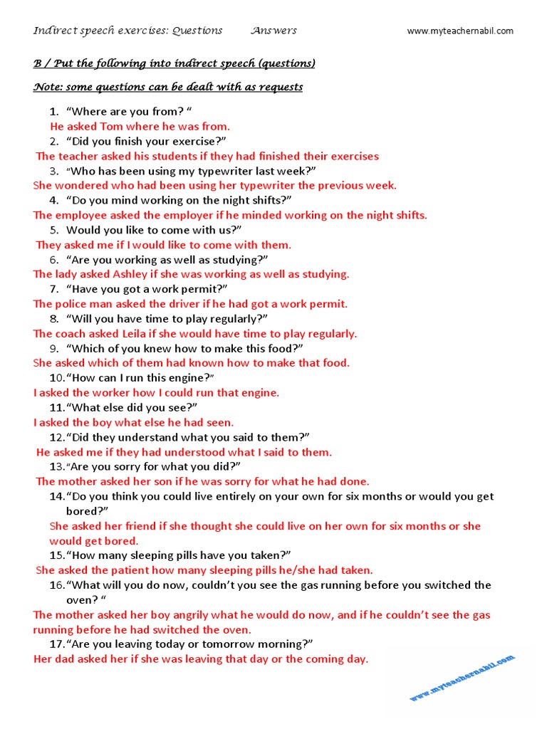 Reported Speech Questions Exercises Reported Speech: Interactive