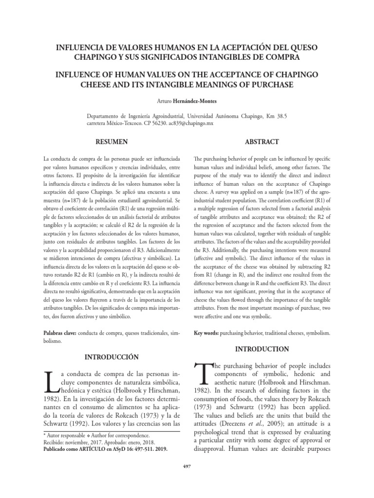 Influencia de Valores Humanos en La Aceptación Del Queso Chapingo y Sus Significados Intangibles ...