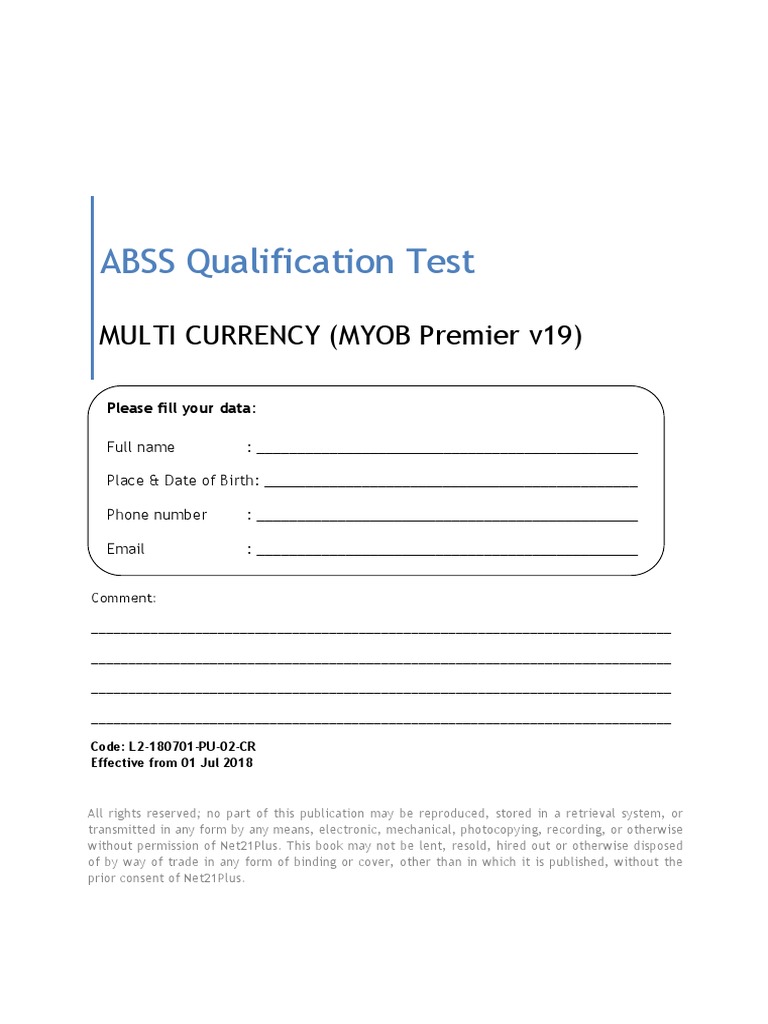 ABSS Qualification Test: MULTI CURRENCY (MYOB Premier v19) | PDF
