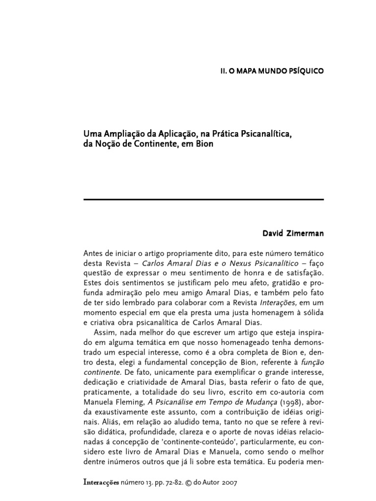 A Noção de Continente David Zimerman | PDF | Psicanálise | Cães