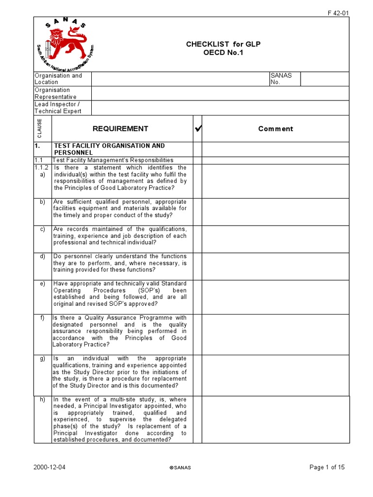 Checklist For GLP OECD No.1: 1. Test Facility Organisation and ...