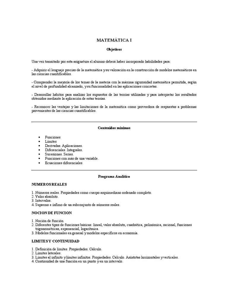 Programa Matematica 1 | PDF